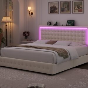 HIFIT Upholstered Full Size LED Bed Frame with Charging Station and 4 Large Storage Drawer, Velvet Button Tufted Full Platform Bed with Adjustable Headboard, No Box Spring Needed, Easy Assembly, Beige