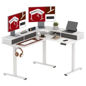 sanodesk 55" l shaped standing desk with 3 drawers, height adjustable stand up desk, corner gaming desk with monitor stand, white frame/white top