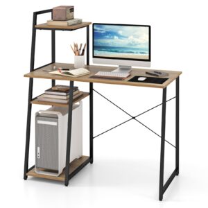 giantex computer desk with shelves, 47.5” home office desk with bookshelf, host stand, metal frame, pc laptop workstation, modern study writing desk for bedroom, small space (natural & black)