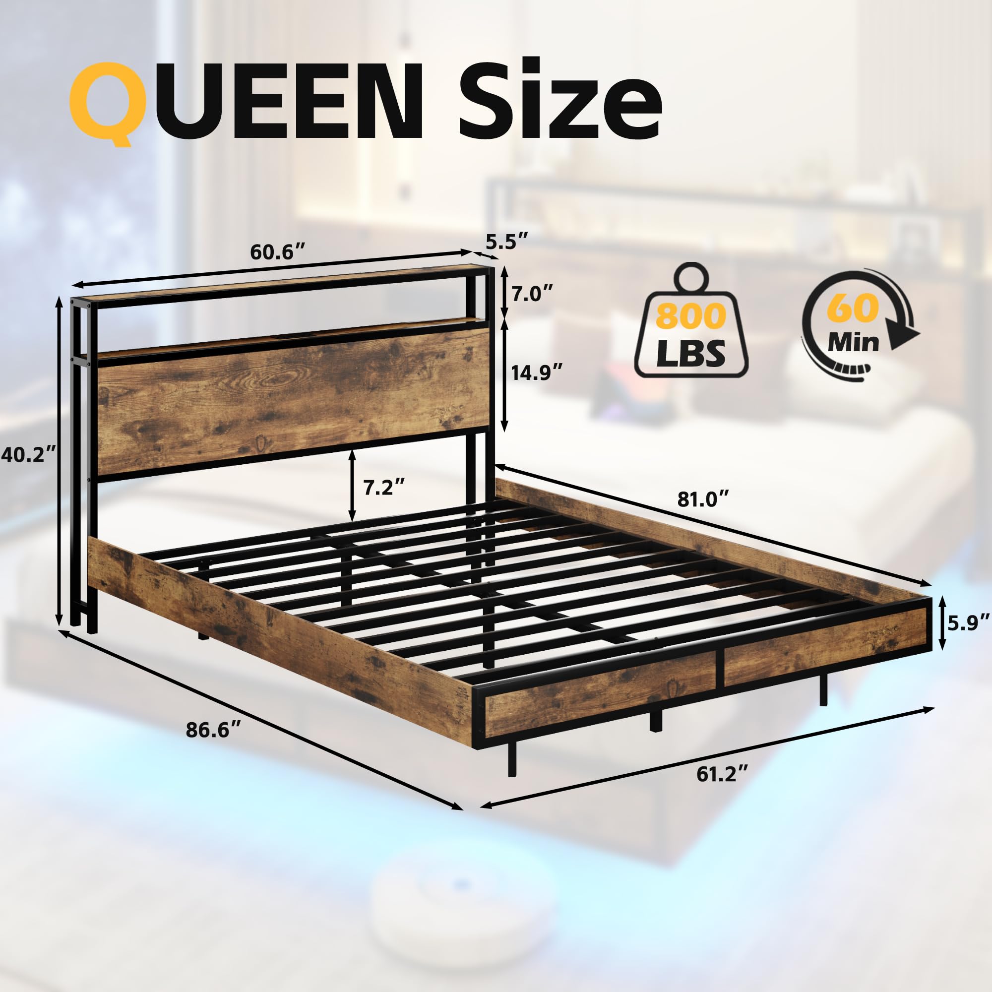 HISOFT Floating Queen Bed Frame with 2-Tier Storage Headboard, Metal Queen Bed with Charging Station & LED, No Box Spring Needed, Noise Free, Easy to Assemble, Vintage Brown