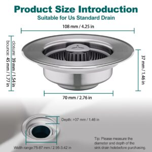 Silicone 3 in 1 Kitchen Sink Drain Strainer and Stopper Combo, 304 Stainless Steel Wraped Shell, Silicone Anti-Clogging Basket Strainer, with Handle for US Standard 3-1/2 Inch Drain