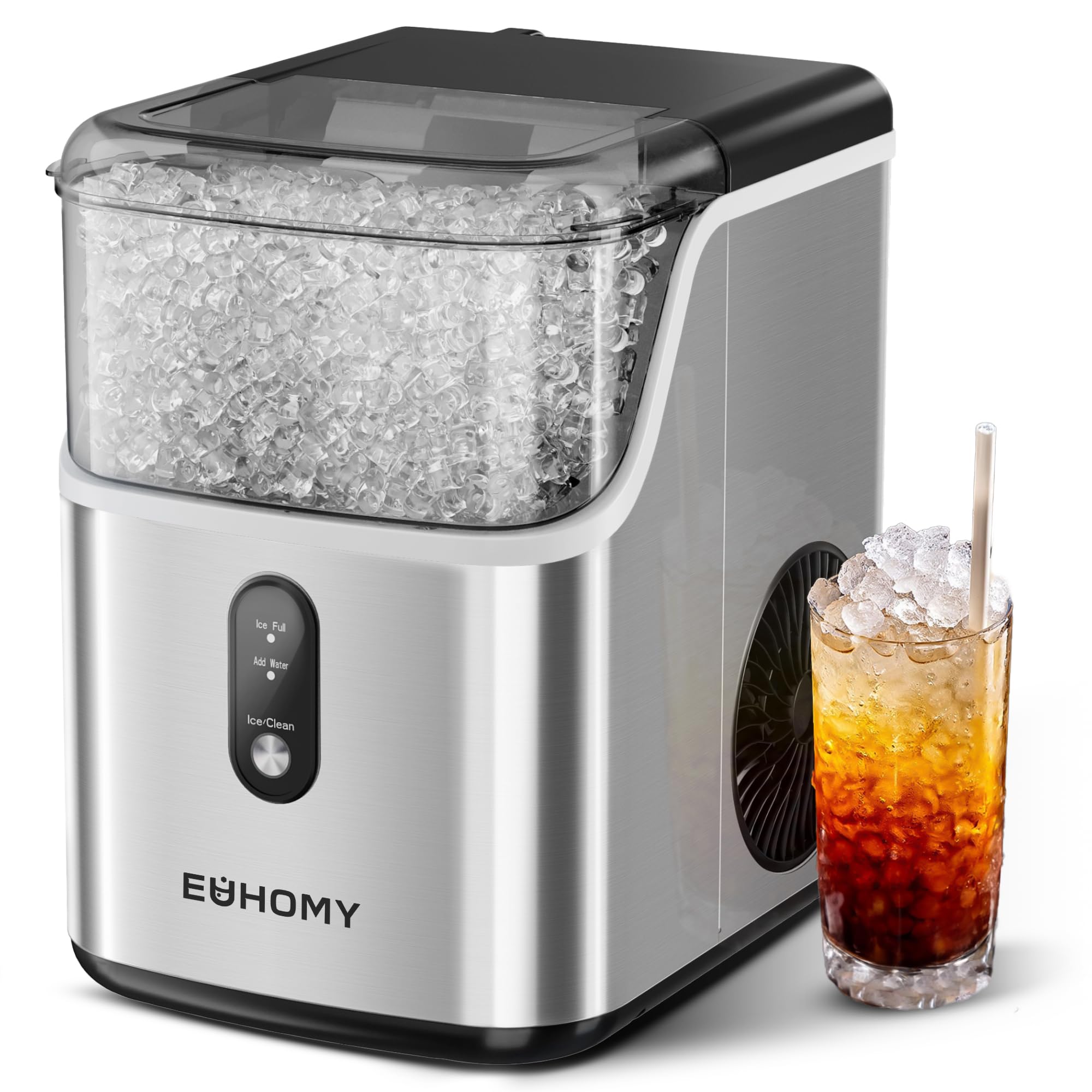 EUHOMY Nugget Ice Makers Countertop, Pebble Ice Maker Machine with 34lbs/24H Soft Ice, Self-Cleaning Sonic Ice Maker with Ice Scoop&Basket, Pellet Ice Maker for Home/Kitchen/Office(Stainless Steels)