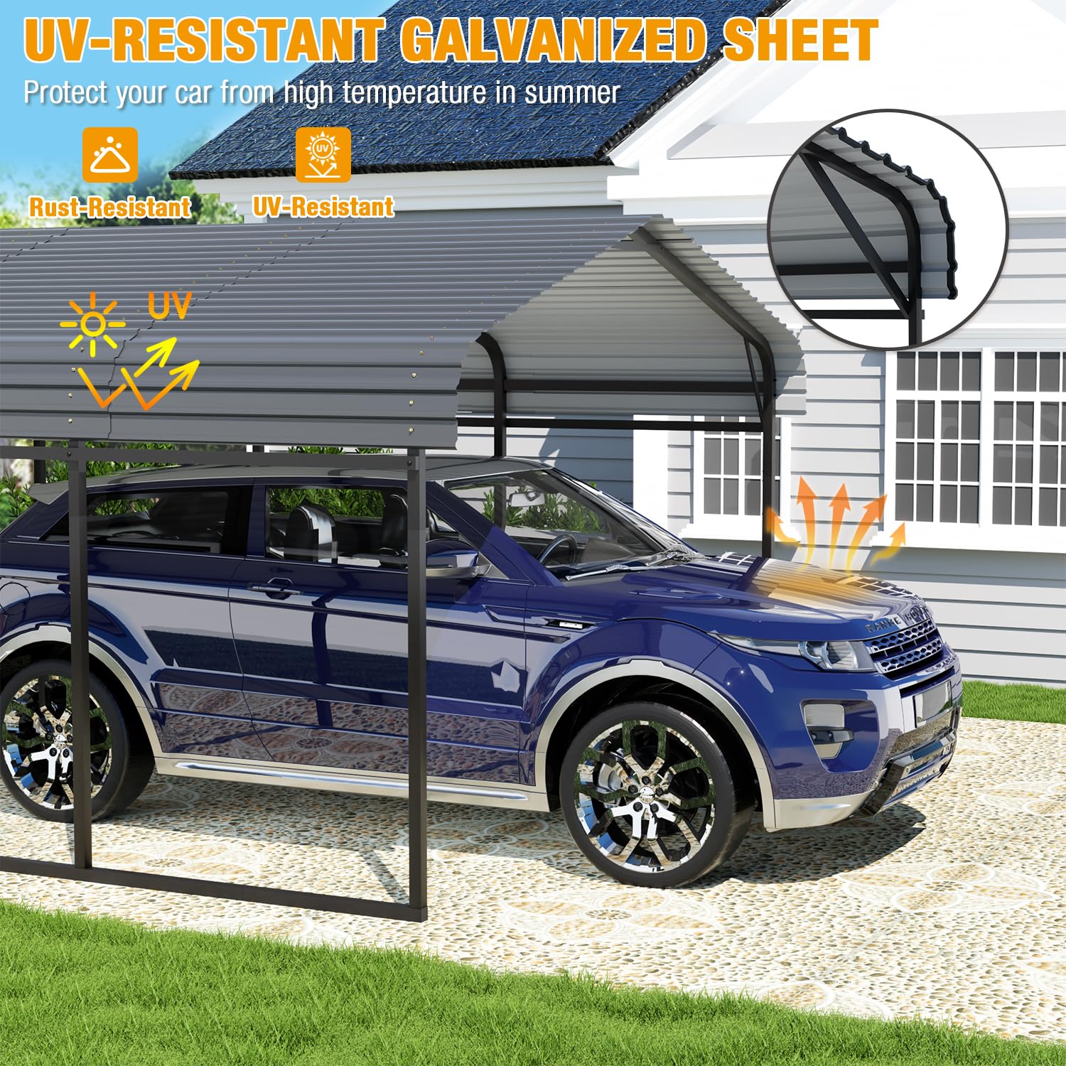 EBE 10 x 15 FT Metal Carport, Heavy Duty Carport with Galvanized Steel Roof, Outdoor Carport Canopy Garage Shelter Shade for Car, SUV, Truck and Boats