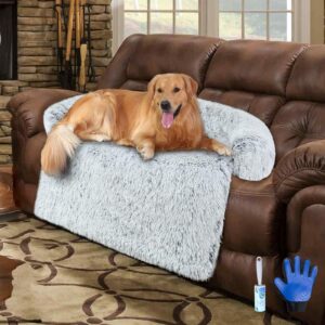 45" dog couch bed protector for dogs memory foam, removable fluffy plush pet dog couch cover for dogs washable, dog sofa bed, waterproof dog bed for couch, dog cover for couch for furniture protector