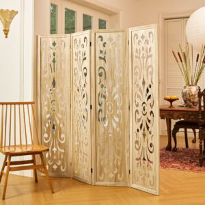 Svimi Folding Room Divider, 66.9 Inch Wood Carved Privacy Screens, Free Assembled Freestanding Portable Classical Decorative Partition for Home Office Restaurant Bedroom (4 Panels, Natural)