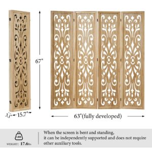 Svimi Folding Room Divider, 66.9 Inch Wood Carved Privacy Screens, Free Assembled Freestanding Portable Classical Decorative Partition for Home Office Restaurant Bedroom (4 Panels, Natural)