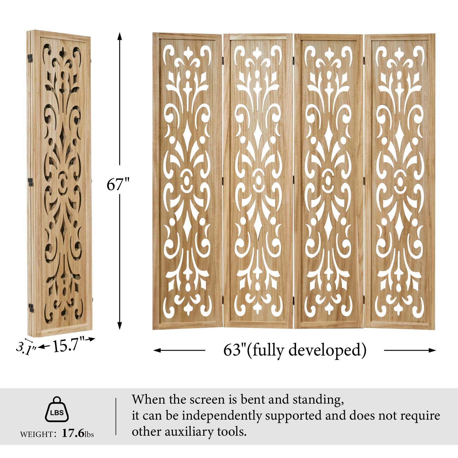 Svimi Folding Room Divider, 66.9 Inch Wood Carved Privacy Screens, Free Assembled Freestanding Portable Classical Decorative Partition for Home Office Restaurant Bedroom (4 Panels, Natural)