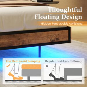 HISOFT Floating Queen Bed Frame with 2-Tier Storage Headboard, Metal Queen Bed with Charging Station & LED, No Box Spring Needed, Noise Free, Easy to Assemble, Vintage Brown