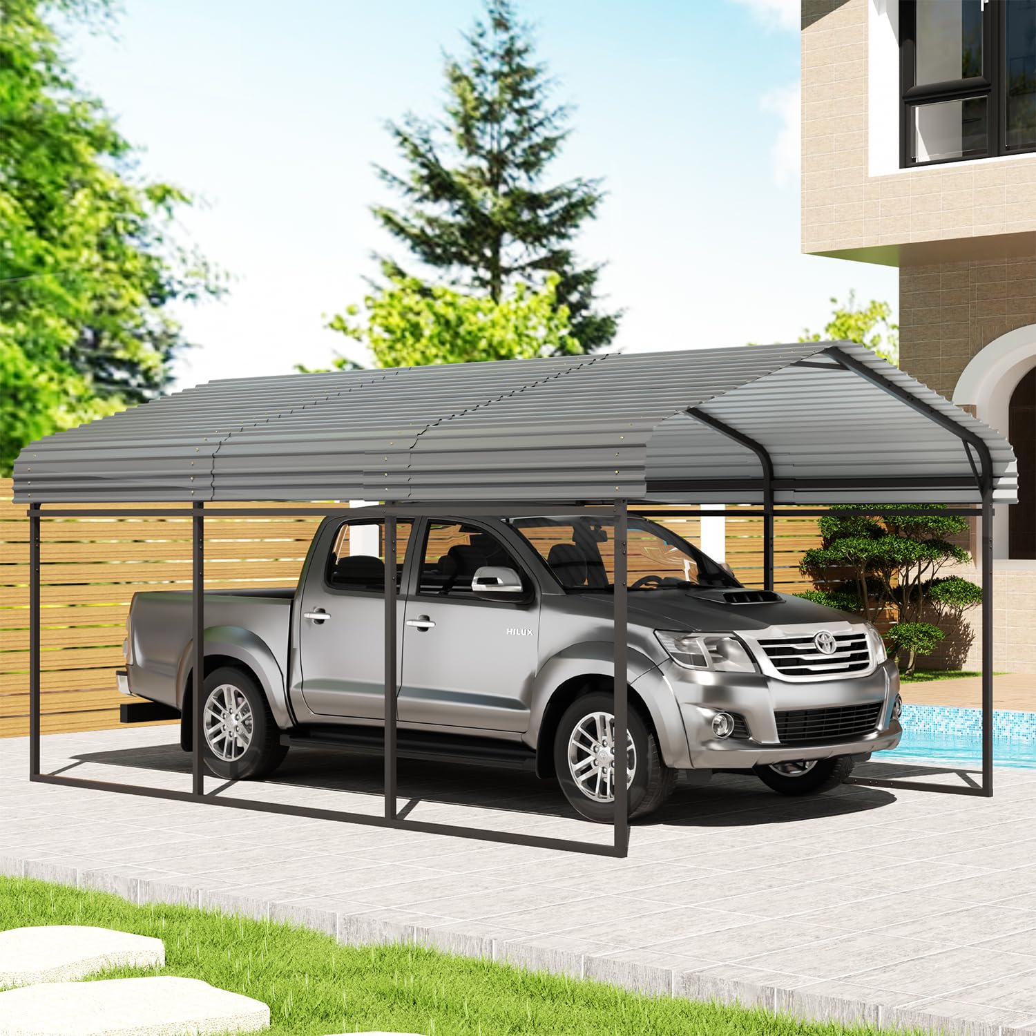 EBE 10 x 15 FT Metal Carport, Heavy Duty Carport with Galvanized Steel Roof, Outdoor Carport Canopy Garage Shelter Shade for Car, SUV, Truck and Boats