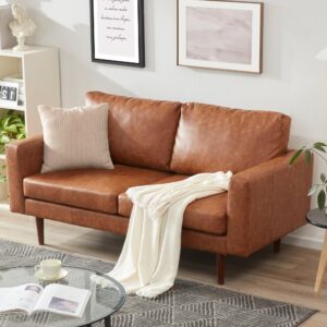 kingfun 65" loveseat sofa, faux leather love seat couch, mid century modern couch with solid wooden frame for living room & bedroom in small spaces, brown