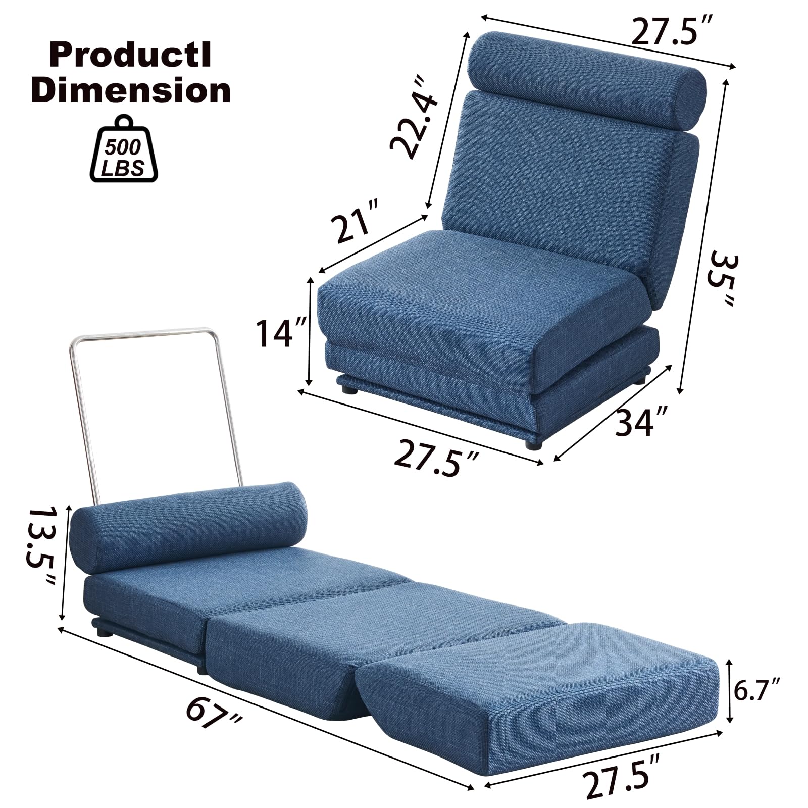 VIRIDURE Folding Sofa Bed Futon Couch, Single Floor Sofa,Mini Sleeper Chair, Convertible Sofa Bed for Guest Room,Living Room,Bedroom,Office (Blue)