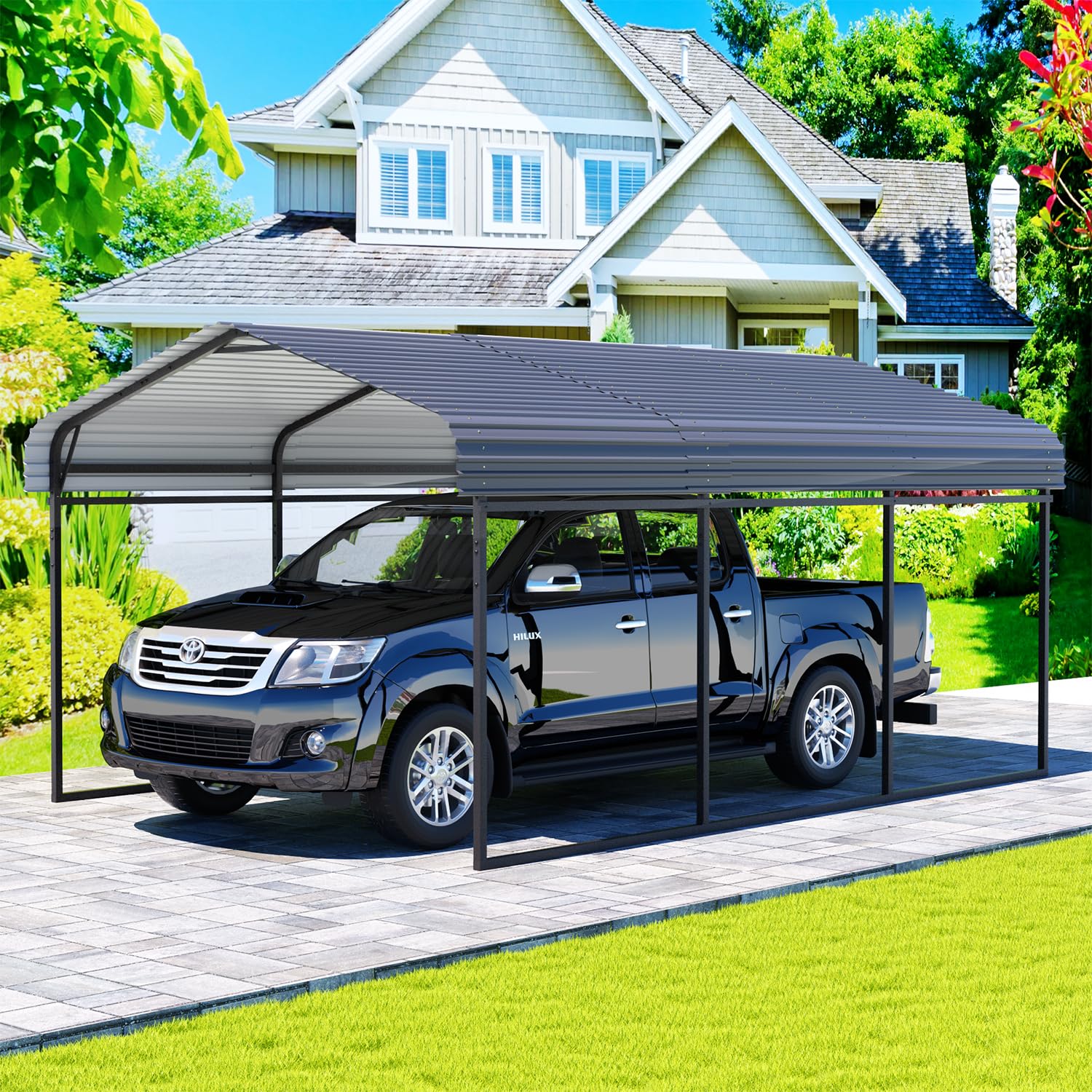 EBE 10 x 15 FT Metal Carport, Heavy Duty Carport with Galvanized Steel Roof, Outdoor Carport Canopy Garage Shelter Shade for Car, SUV, Truck and Boats