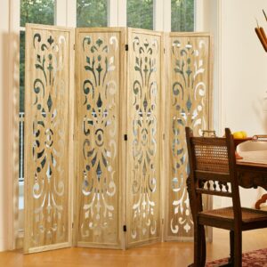 Svimi Folding Room Divider, 66.9 Inch Wood Carved Privacy Screens, Free Assembled Freestanding Portable Classical Decorative Partition for Home Office Restaurant Bedroom (4 Panels, Natural)