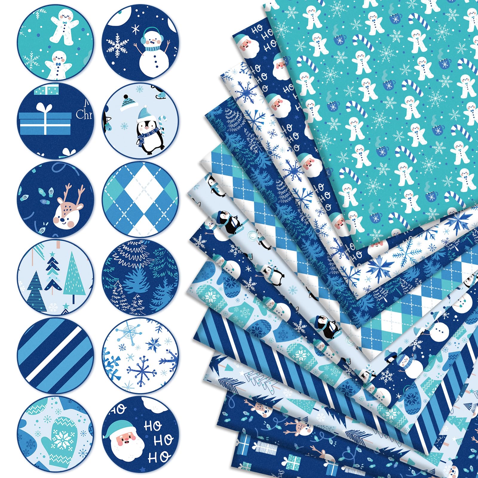 JarThenaAMCS 12Pcs Winter Cotton Fabric Bundles 18 x 22 Inch Snowflake Snowman Santa Penguin Fat Quarters Blue White Sewing Fabrics for Xmas Winter DIY Craft Party Decor