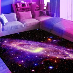 eiskbc blacklight galaxy area rug, neon uv reactive space glitter starry throw rug, fluorescent universe night sky nebula floor mat carpet, glow in the dark room decor for women kids 70x47inch