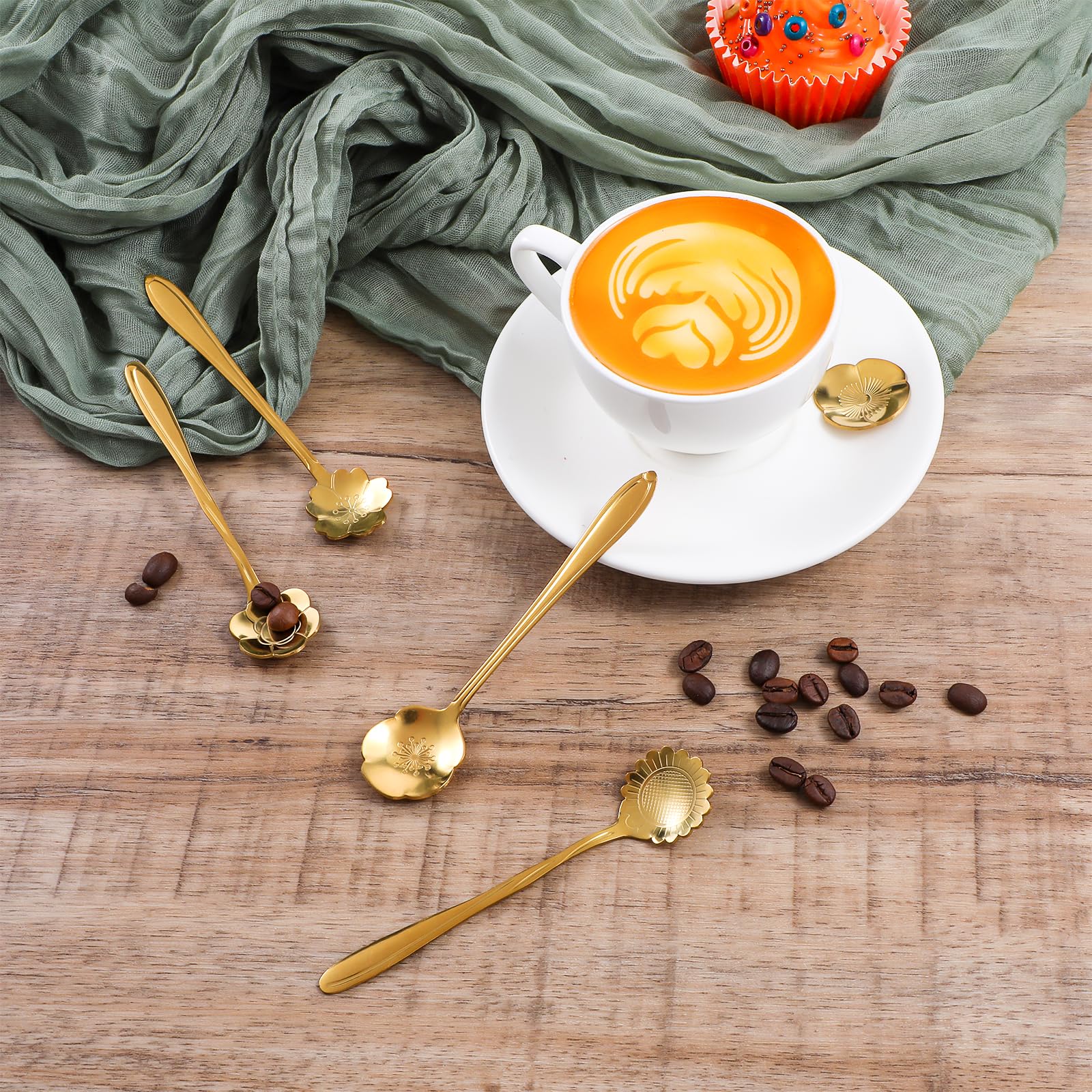 40 PCS Flower Dessert Spoons, Stainless Steel Sugar Stirring Coffee Spoons, Small Tea Spoons Cafe Spoons, Golden Cute Coffee Teaspoon Mini Tableware in 8 Styles