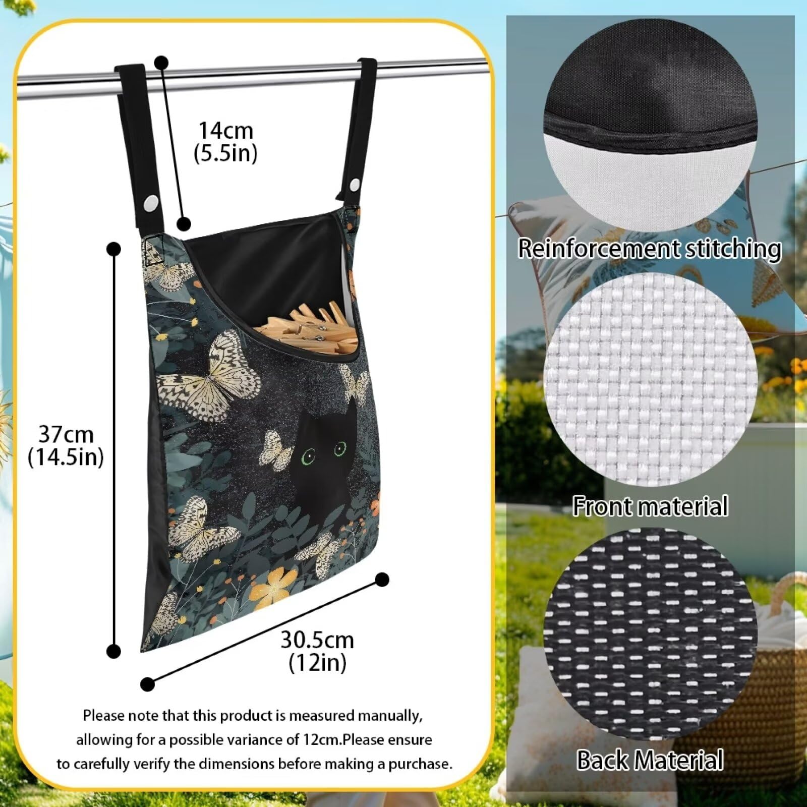 CREAMIC Black Cat Butterfly Handy Laundry Clothespin Bag Holds 100 Medium-Sized Clothes Pins, Waterproof Polyester Material, 2 Ropes for Hanging and Effortlessly Sliding on Clothesline