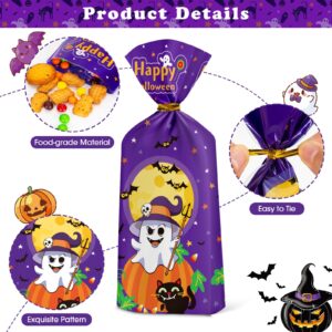 PADELO 60 Pcs Halloween Treat Bags - Cute Happy Halloween Candy Bags, Plastic Halloween Cellophane Goodie Gift Goody Bags with Golden Twist Ties for Halloween Themed Party Supplies Favors, 4 Styles