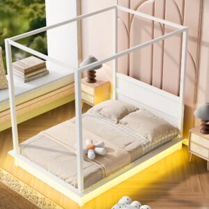 harper & bright designs full size canopy bed with led lights, wooden full platform bed frame with support slats, no box spring needed, white