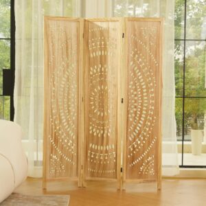 66.9Inch Folding Room Divider, 3 Panels Wood Carved Privacy Screens, Free Assembled Freestanding Partition for Home Office Restaurant Bedroom (Natural)