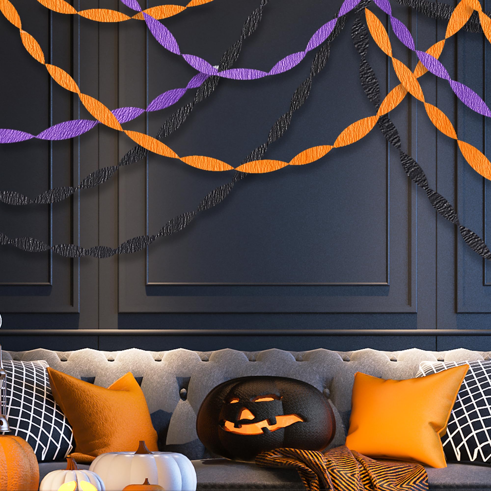 Halloween Party Streamers, Black Orange Purple Crepe Paper Kit 6 Rolls, Halloween Decorations Ceiling Hanging Backdrop Scary Party Supplies DIY Crepe Paper Roll