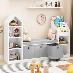 vabches toy storage organizer for kids bookshelf with reading nook, multifunctional kids bookcase with 9 storage cubbies 3 drawers and large seat cushion for keeping kids' toys books organized, white