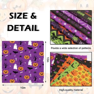 JarThenaAMCS 60Pcs Halloween Cotton Fabric Bundles 10 x 10 Inch Halloween Character Fat Quarters Green Purple Black Orange Sewing Fabrics for DIY Craft Party Decor