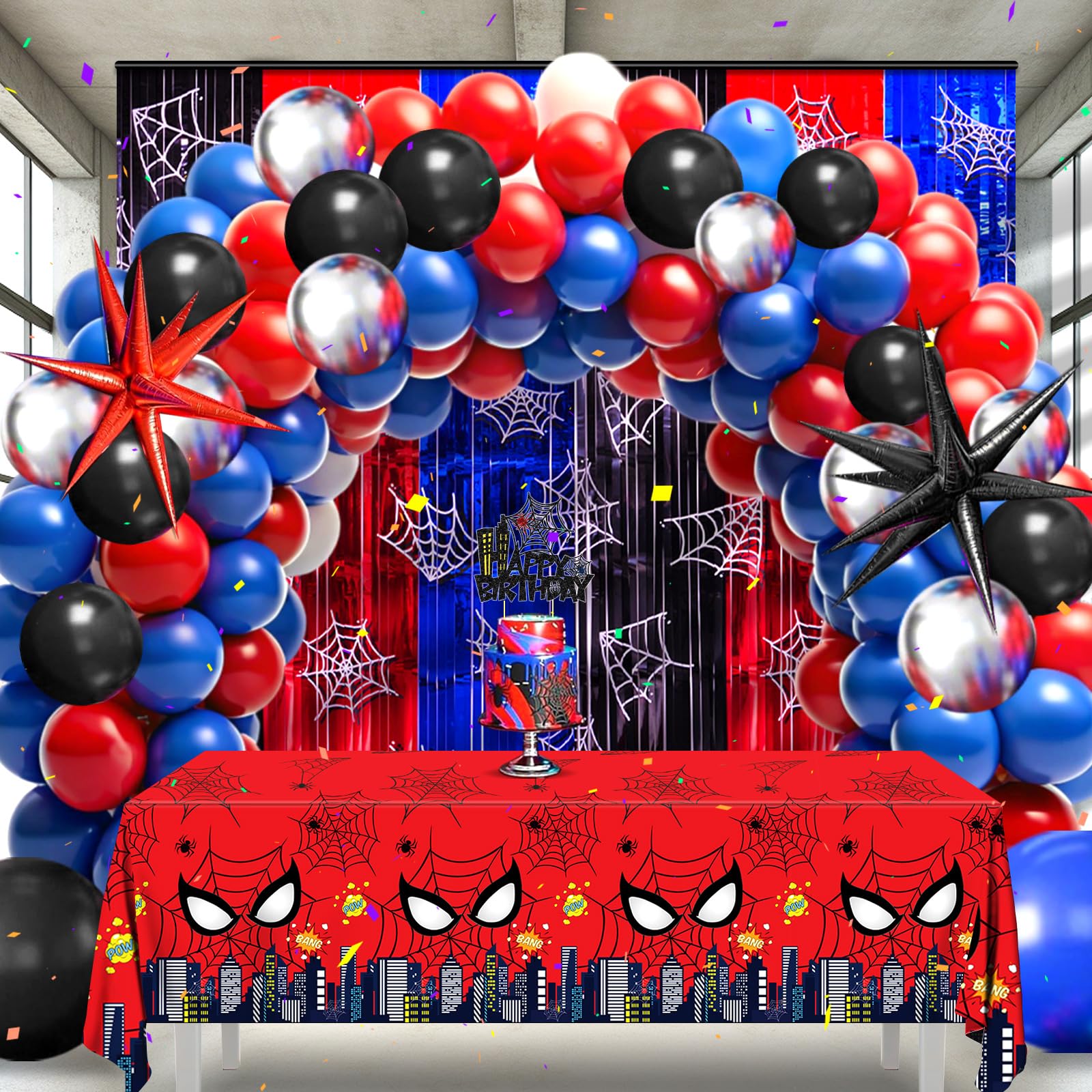 127pcs Spider Party Decorations Balloons Black Red and Blue Balloons Garland Kit Arch Backdrop Tablecloth Banner Cake Hero Theme Birthday Party Decorations Foil Fringe Curtains For Kids