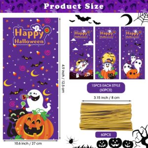 PADELO 60 Pcs Halloween Treat Bags - Cute Happy Halloween Candy Bags, Plastic Halloween Cellophane Goodie Gift Goody Bags with Golden Twist Ties for Halloween Themed Party Supplies Favors, 4 Styles