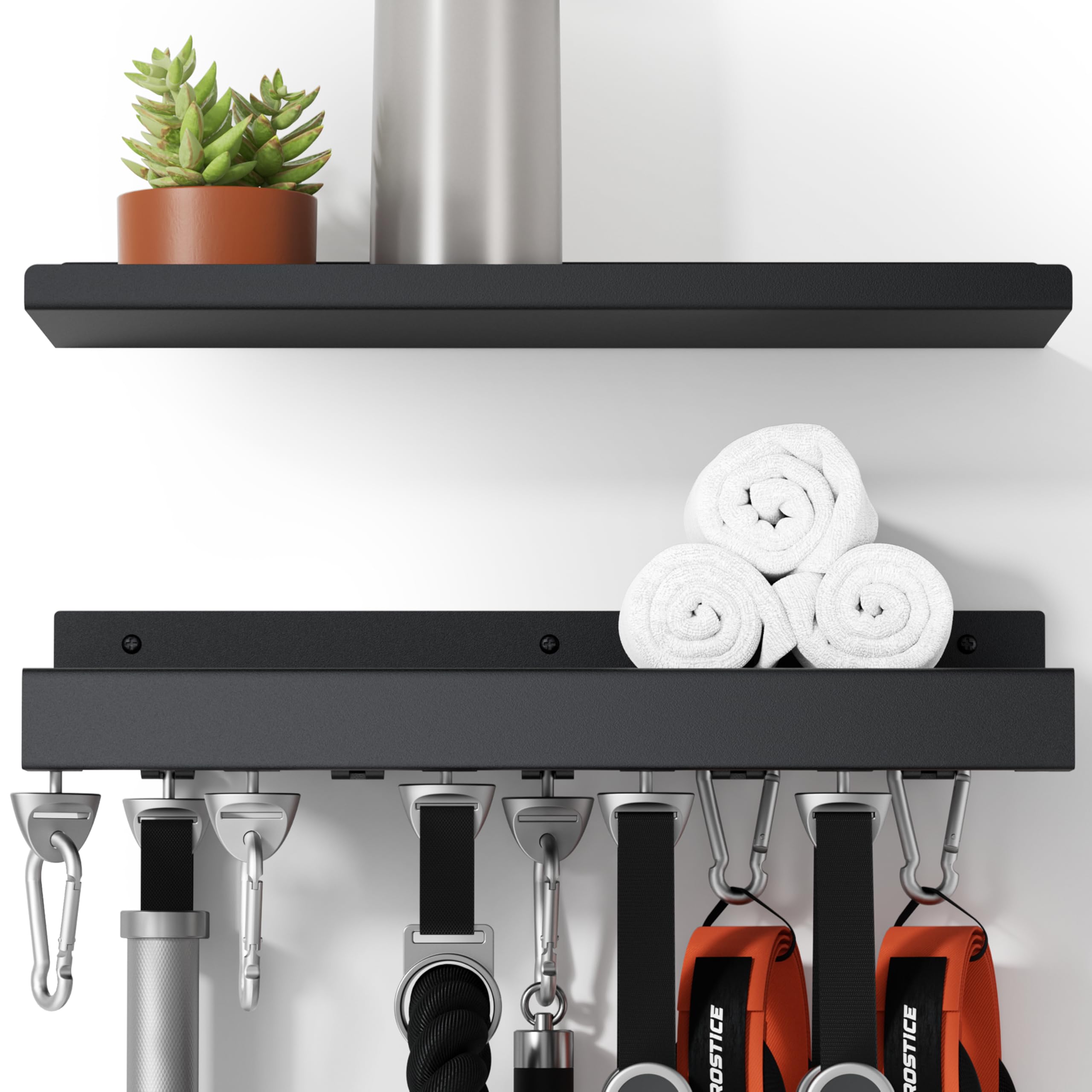 Crostice 2-Tier Metal Shelf Compatible with Tonal Accessories, Floating Shelf Organizer for Home Gym Storage, T-Locks Adapter Bracket Hanger, Gym Rack Wall Mounted with Hooks, Workout Shelf Holder