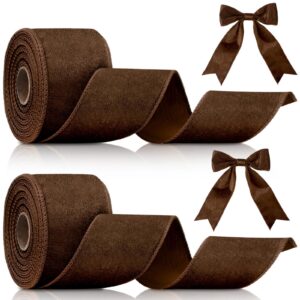 lyrow 2 rolls christmas velvet ribbon 2.5 inches christmas velvet satin ribbon vintage wide wired edge wrapping ribbon for christmas wedding decorating, gift wrapping bow (brown,20 yards)