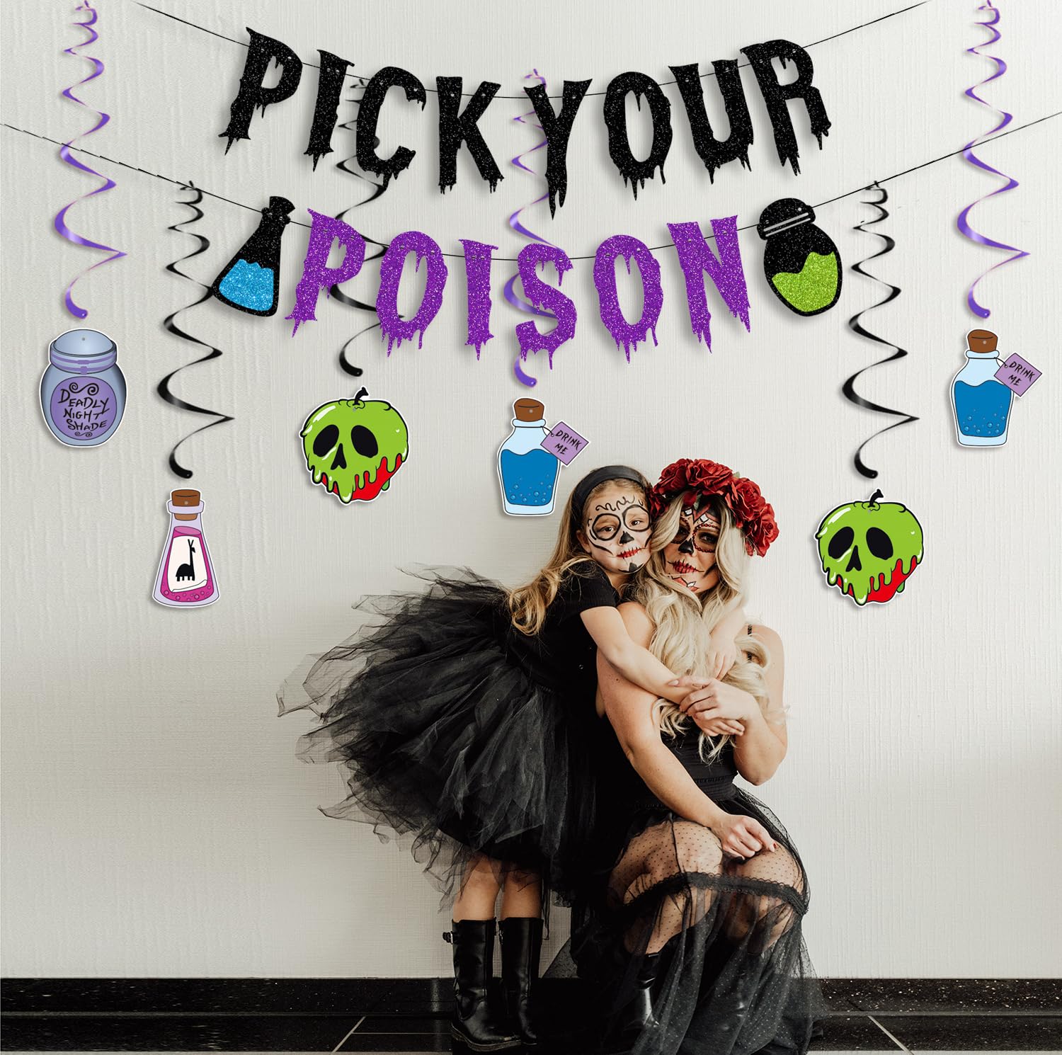 JKQ Glittery Pick Your Poison Banner and Halloween Hanging Swirls Decorations Halloween Haunted Mansion Banner Halloween Witches Party Decorations Supplies for Home Mantle