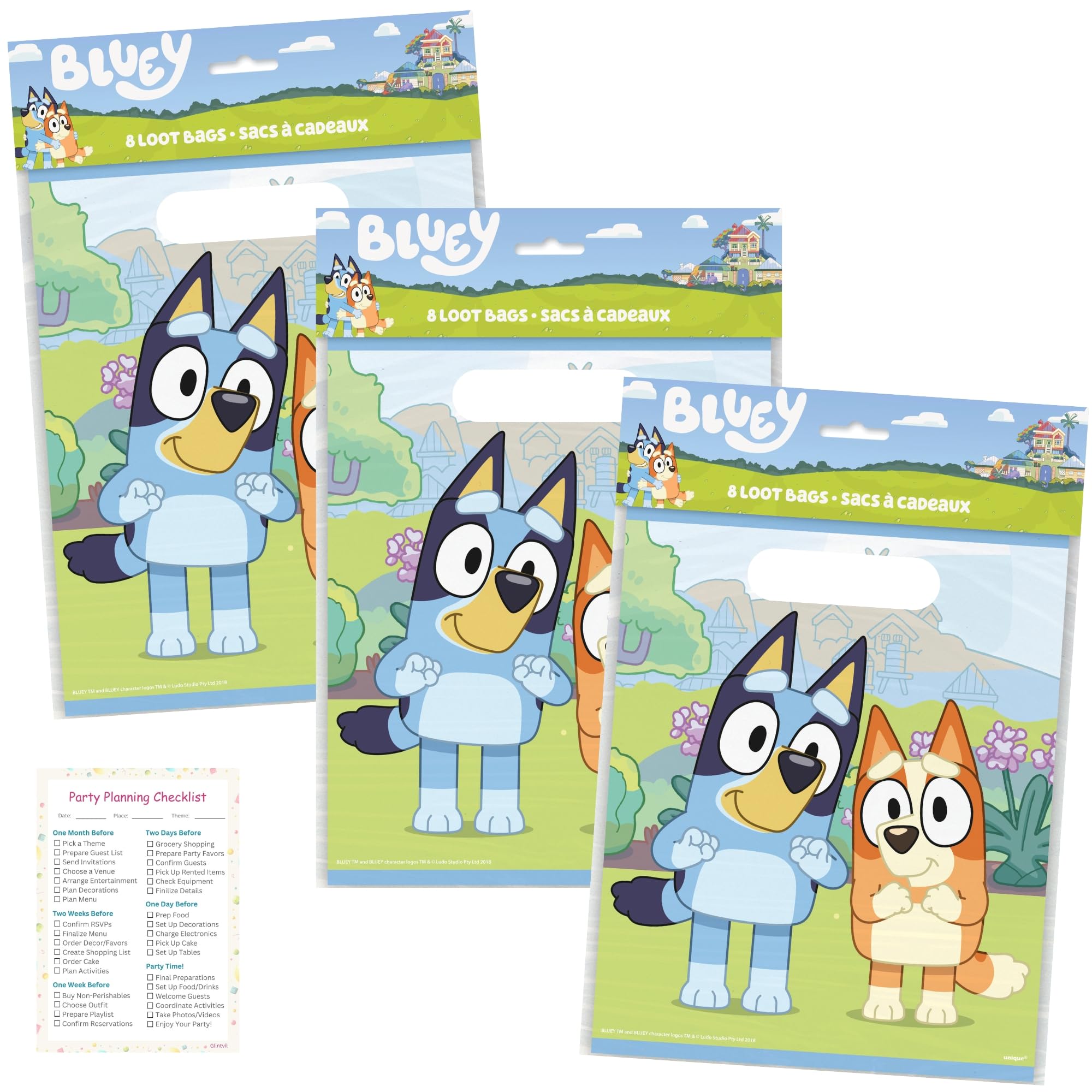 Unique Bluey Birthday Party Supplies Set - Bundle with 24 Plastic Bluey Party Favor Bags and Checklist – Bluey Birthday Decorations & Birthday Party Supplies