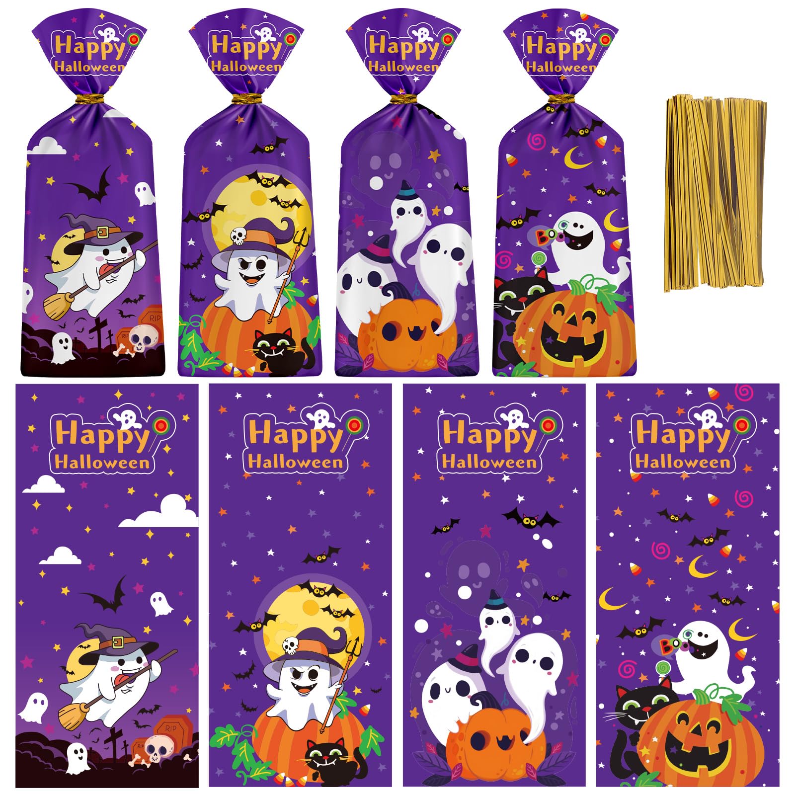 PADELO 60 Pcs Halloween Treat Bags - Cute Happy Halloween Candy Bags, Plastic Halloween Cellophane Goodie Gift Goody Bags with Golden Twist Ties for Halloween Themed Party Supplies Favors, 4 Styles