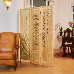 66.9Inch Folding Room Divider, 3 Panels Wood Carved Privacy Screens, Free Assembled Freestanding Partition for Home Office Restaurant Bedroom (Natural)