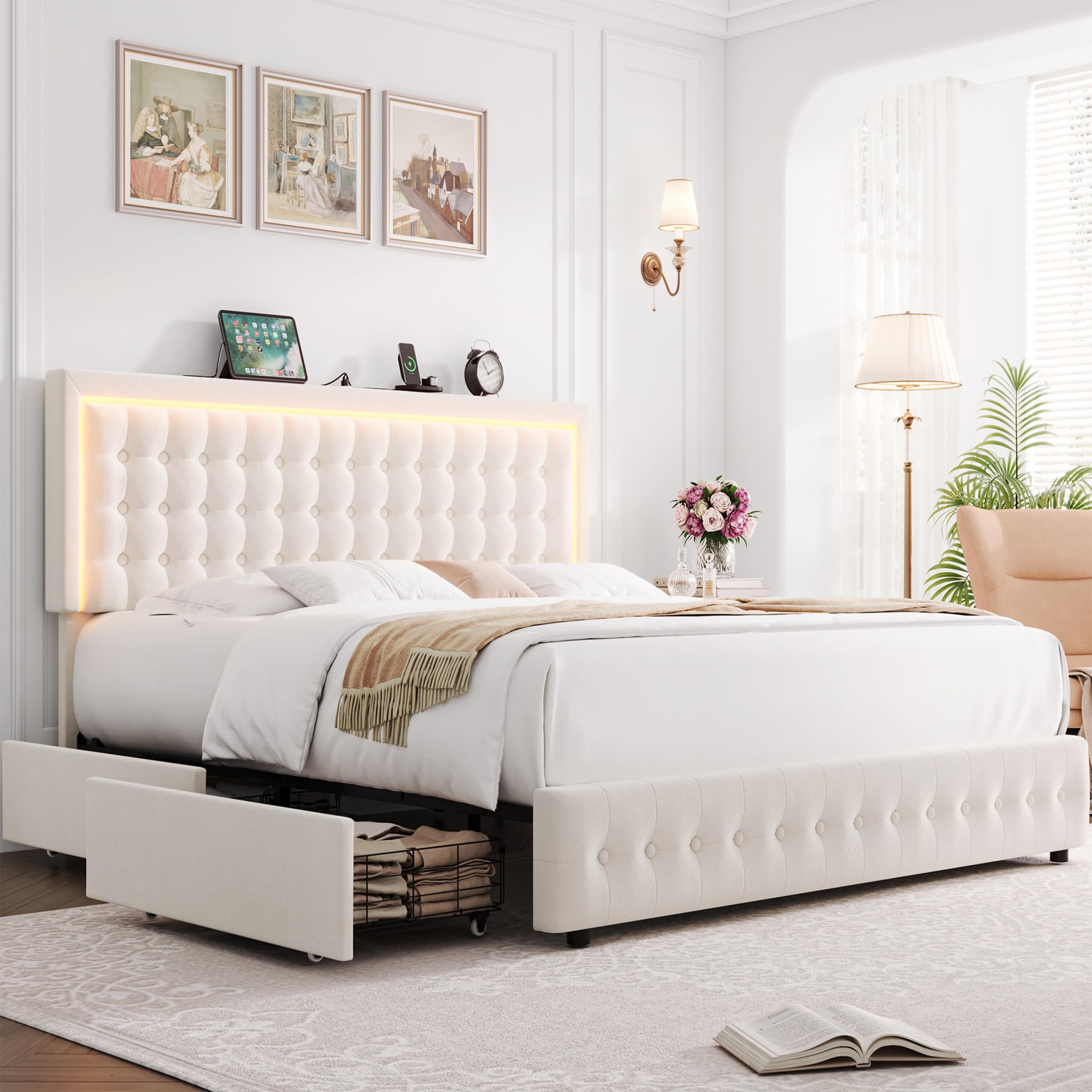 HIFIT Upholstered Full Size LED Bed Frame with Charging Station and 4 Large Storage Drawer, Velvet Button Tufted Full Platform Bed with Adjustable Headboard, No Box Spring Needed, Easy Assembly, Beige