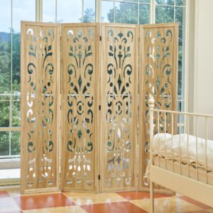 Svimi Folding Room Divider, 66.9 Inch Wood Carved Privacy Screens, Free Assembled Freestanding Portable Classical Decorative Partition for Home Office Restaurant Bedroom (4 Panels, Natural)