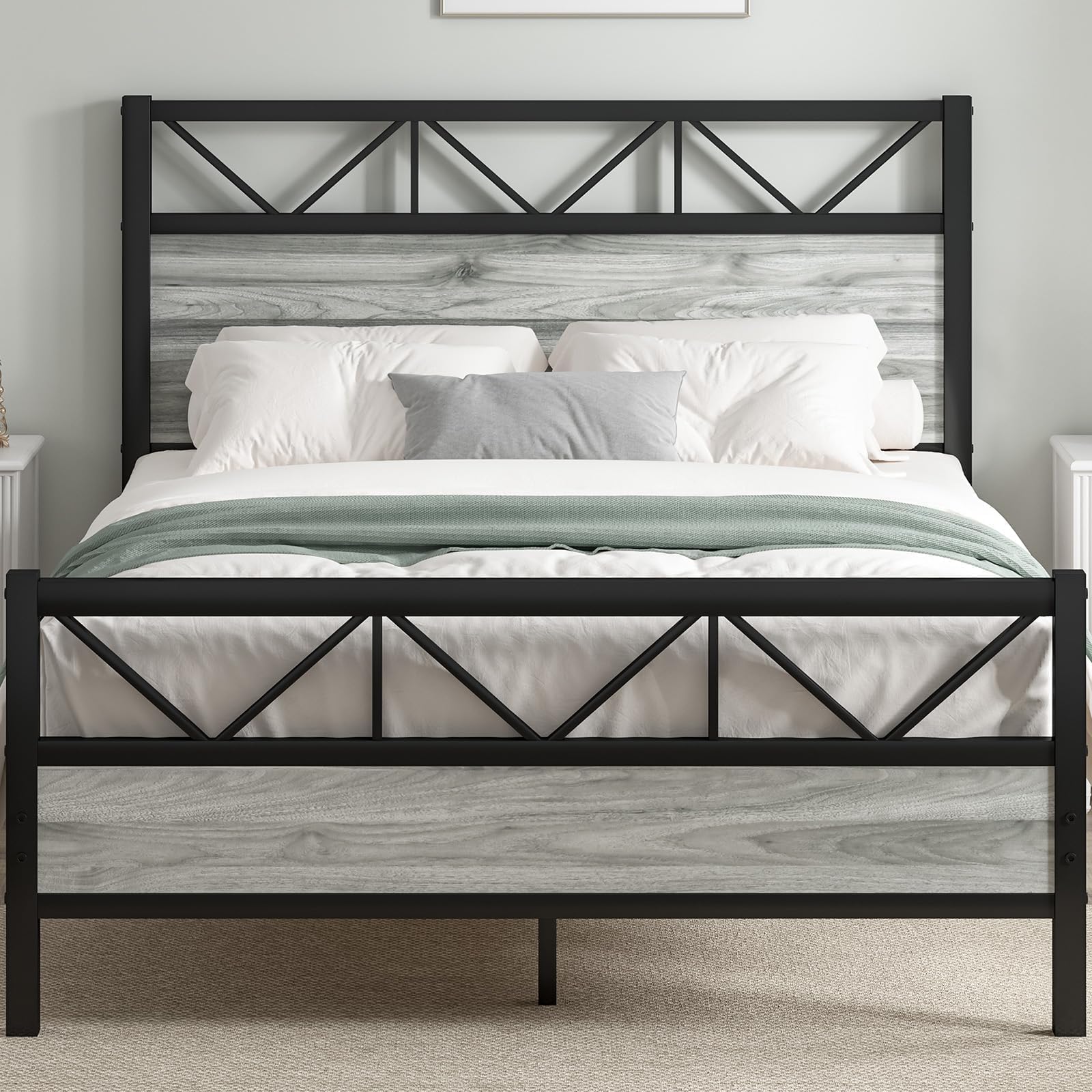 CHABUILDREARK Queen Bed Frame, Industrial 51.2" Platform Bed, Tall Headboard Queen Bed Frame with Strong Metal Support, No Box Spring Needed, Easy Assembly, Wash Grey