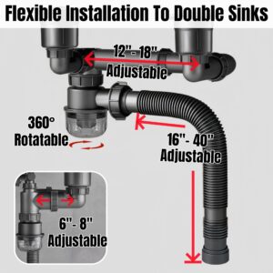 Expandable Flexible 1 1/2" or 1 1/4" Pipe Kit for Double Kitchen Sink with Anti-Odor Sealing, All-In-One Drain Kit for Double Bowl Sinks, Space Saving, Suitable for Kitchen, Bathroom, and Restroom