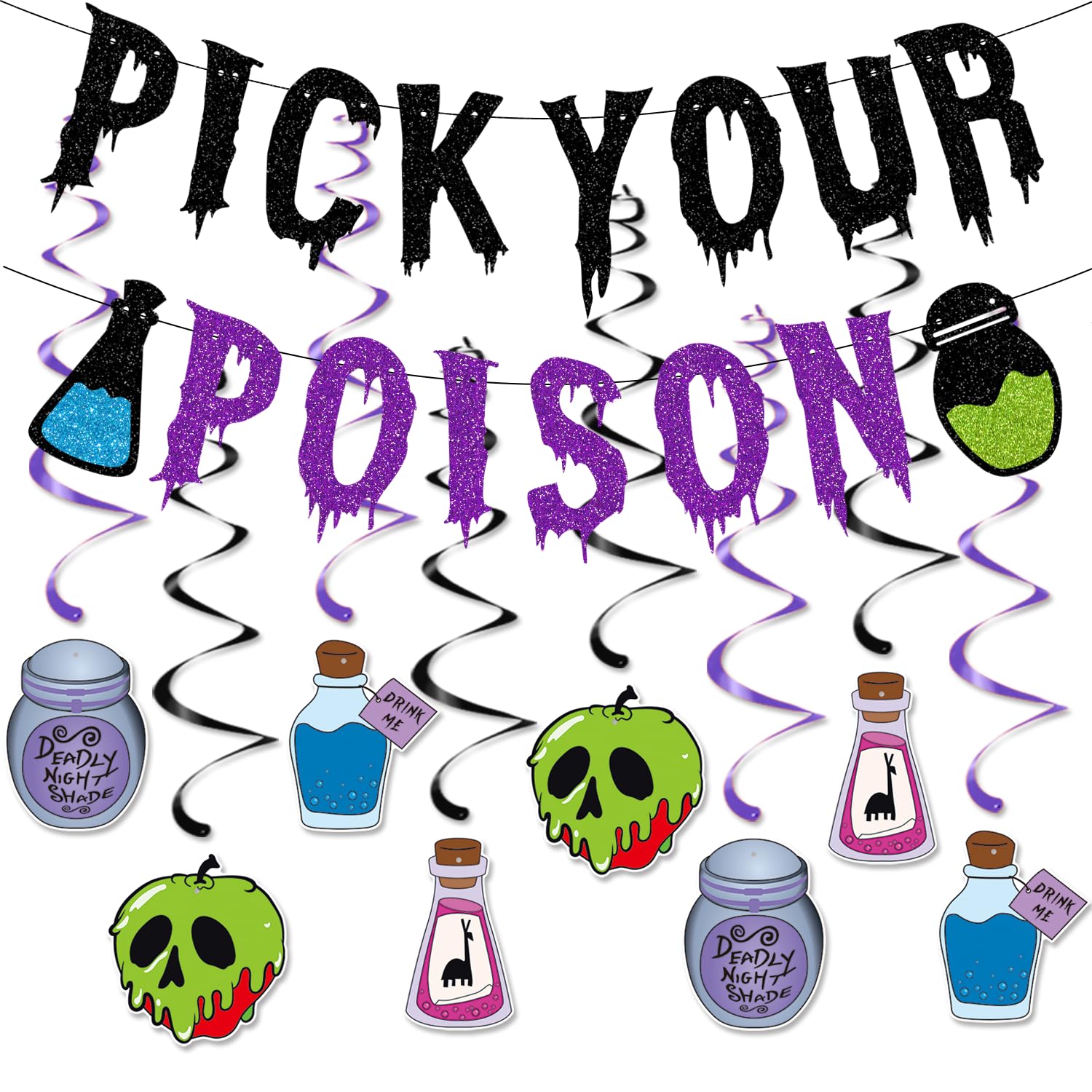 JKQ Glittery Pick Your Poison Banner and Halloween Hanging Swirls Decorations Halloween Haunted Mansion Banner Halloween Witches Party Decorations Supplies for Home Mantle