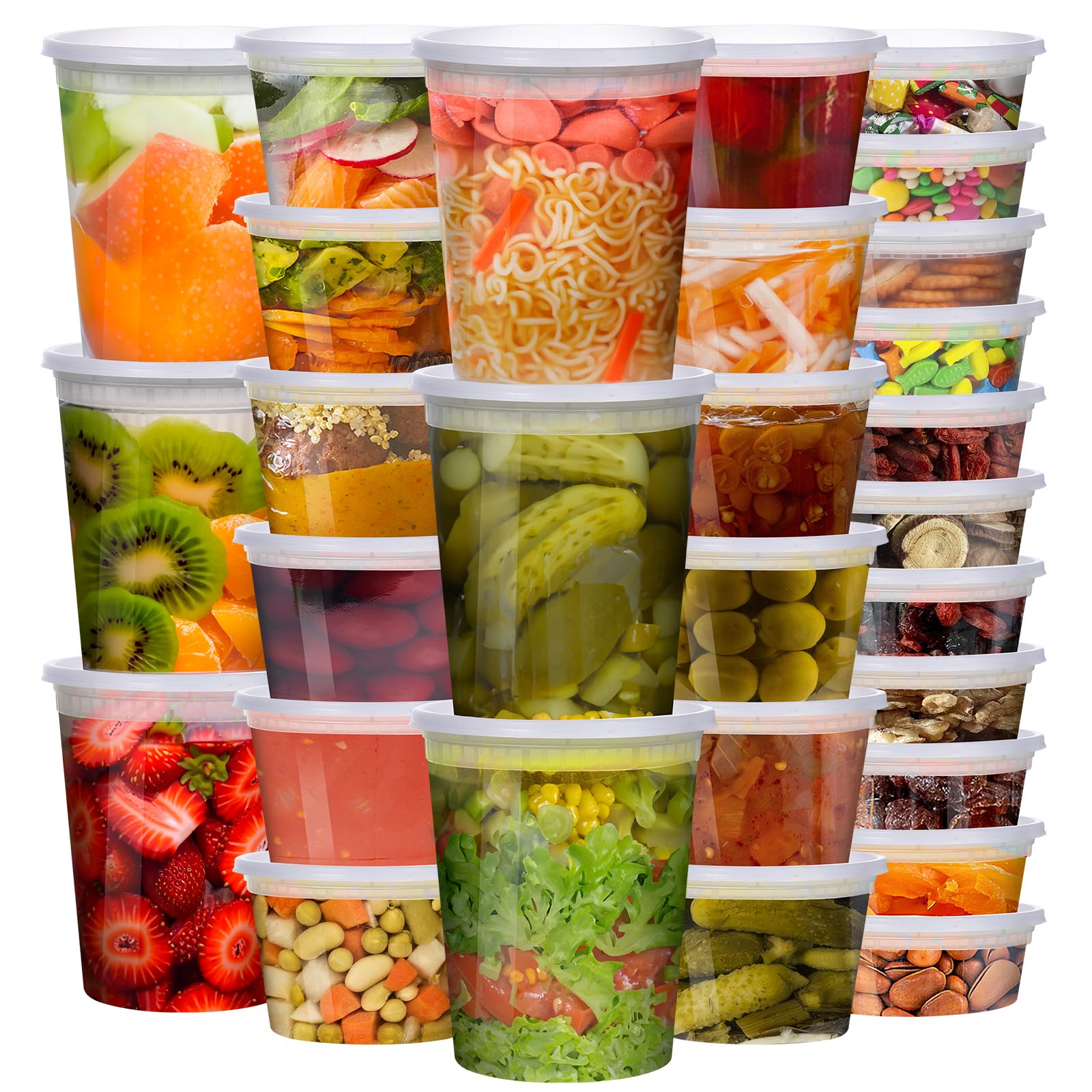 48Sets Deli Containers with Lids, Reusable Food Srorage Containers with Lids 8oz, 16oz, 32oz, Disposable Soup Containers, Microwave/ Freezer/ Dishwasher Safe,Stackable, Leakproof, BPA Free, Clear