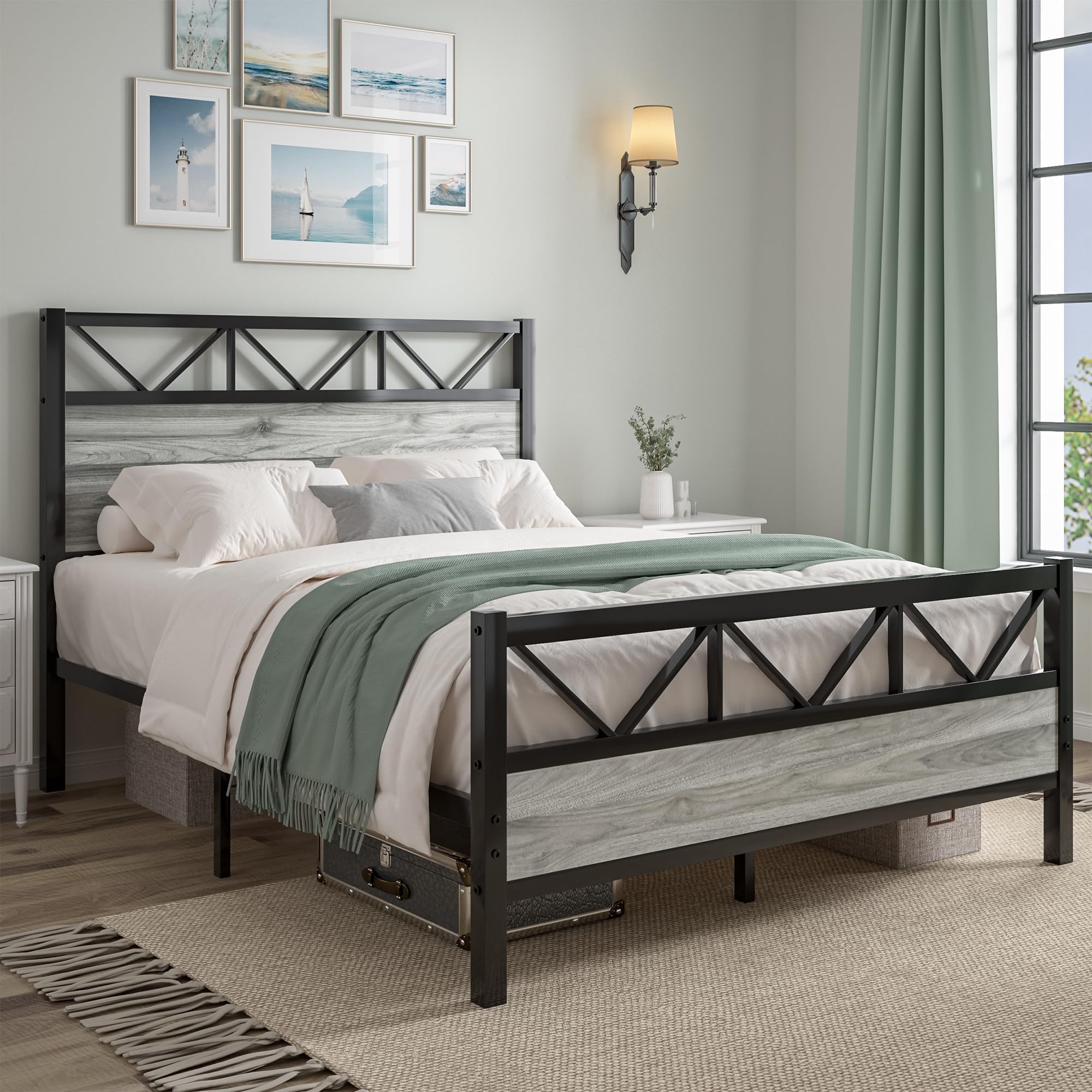 CHABUILDREARK Queen Bed Frame, Industrial 51.2" Platform Bed, Tall Headboard Queen Bed Frame with Strong Metal Support, No Box Spring Needed, Easy Assembly, Wash Grey