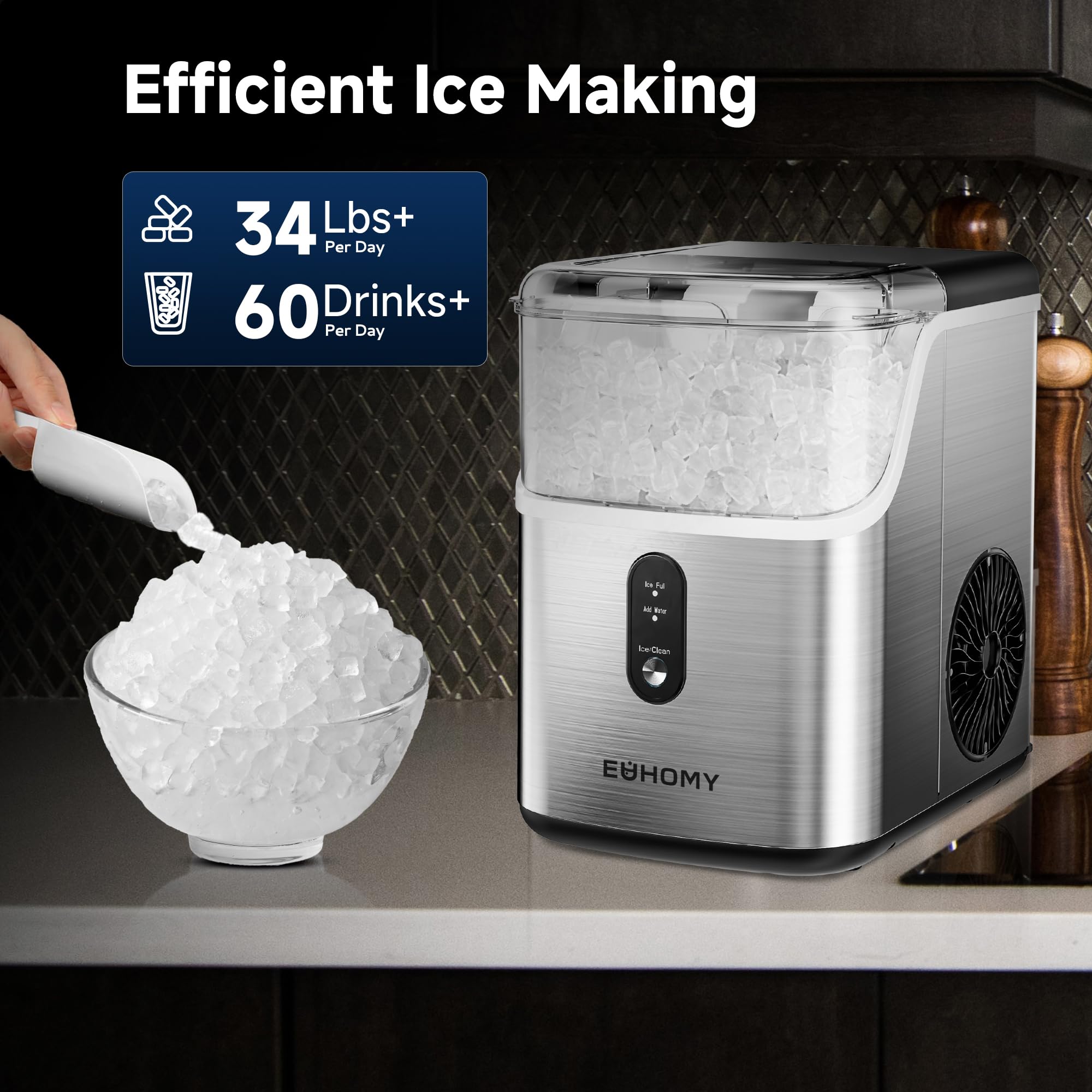 EUHOMY Nugget Ice Makers Countertop, Pebble Ice Maker Machine with 34lbs/24H Soft Ice, Self-Cleaning Sonic Ice Maker with Ice Scoop&Basket, Pellet Ice Maker for Home/Kitchen/Office(Stainless Steels)