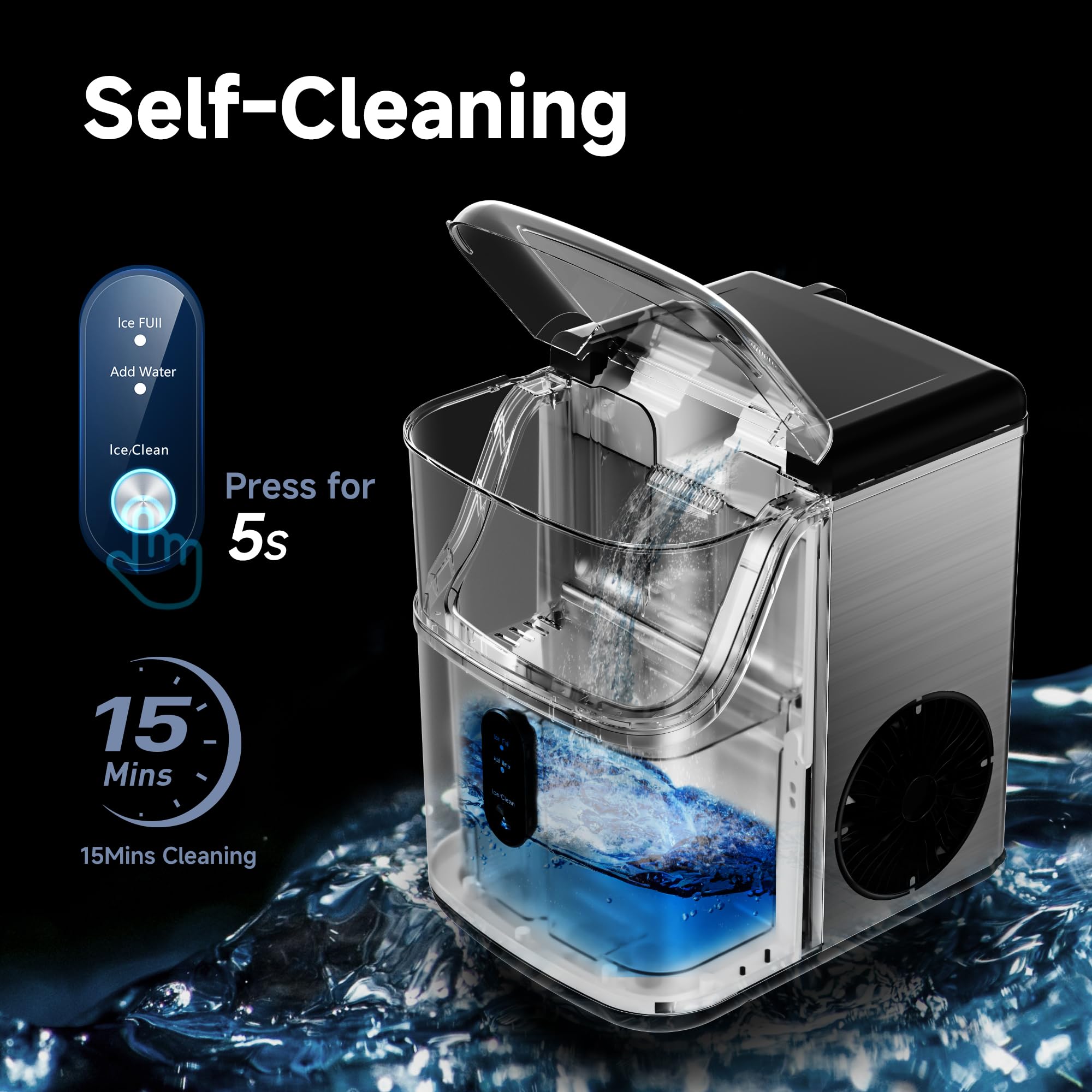 EUHOMY Nugget Ice Makers Countertop, Pebble Ice Maker Machine with 34lbs/24H Soft Ice, Self-Cleaning Sonic Ice Maker with Ice Scoop&Basket, Pellet Ice Maker for Home/Kitchen/Office(Stainless Steels)