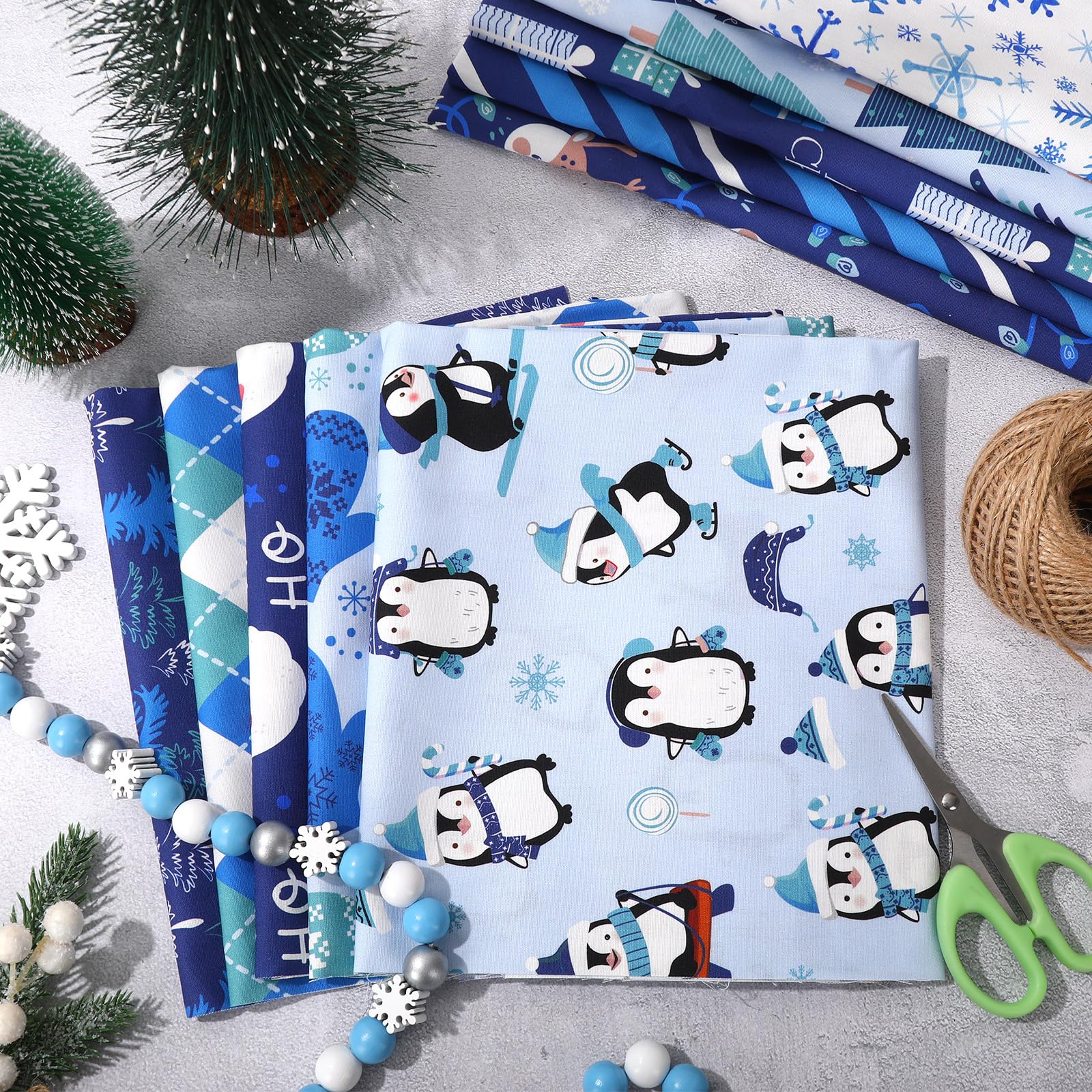 JarThenaAMCS 12Pcs Winter Cotton Fabric Bundles 18 x 22 Inch Snowflake Snowman Santa Penguin Fat Quarters Blue White Sewing Fabrics for Xmas Winter DIY Craft Party Decor