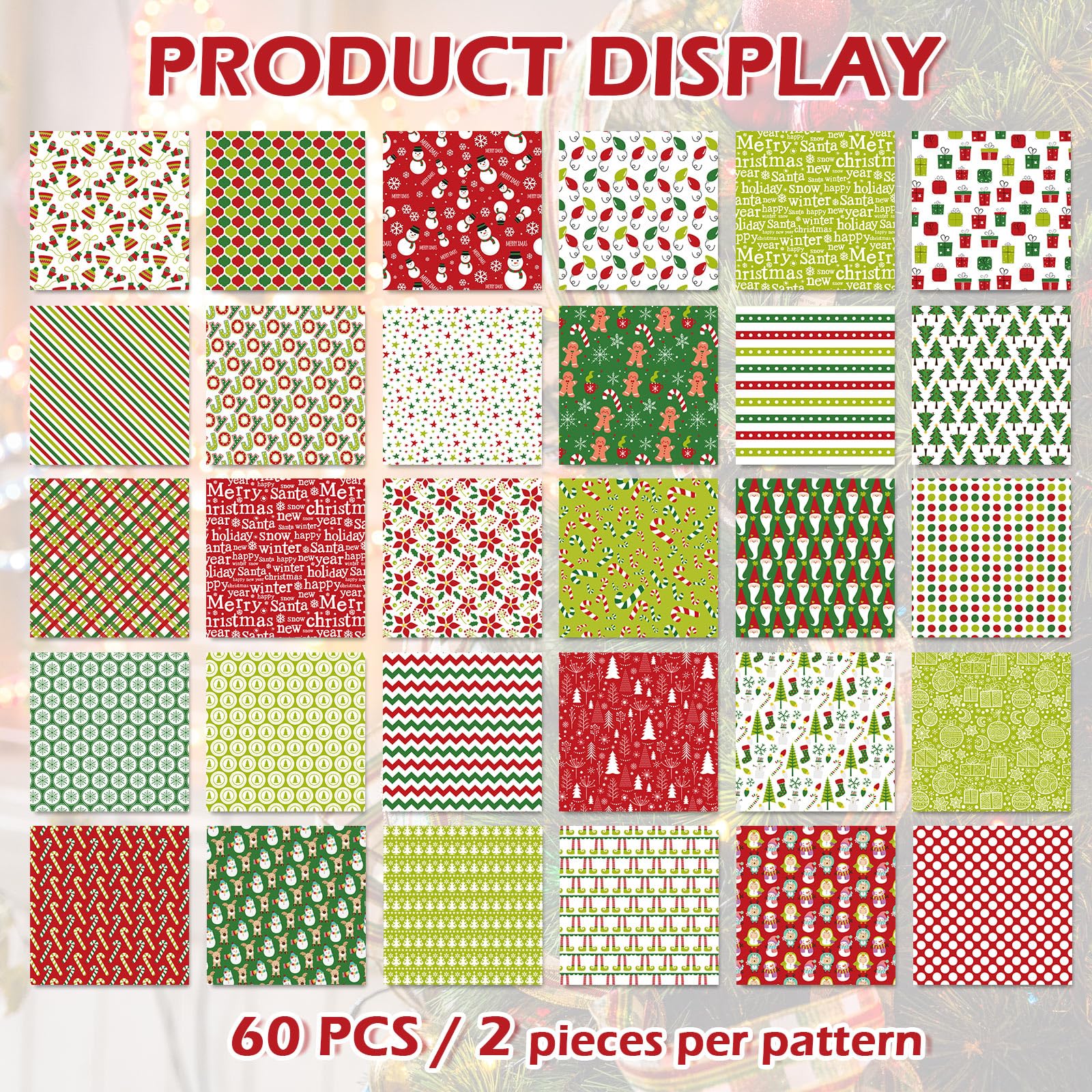 JarThenaAMCS 60Pcs Christmas Cotton Fabric Bundles 10 x 10 Inch Xmas Tree Snowflake Santa Gingerbread Fat Quarters Red Green White Sewing Fabrics for Xmas Winter DIY Craft Party Decor