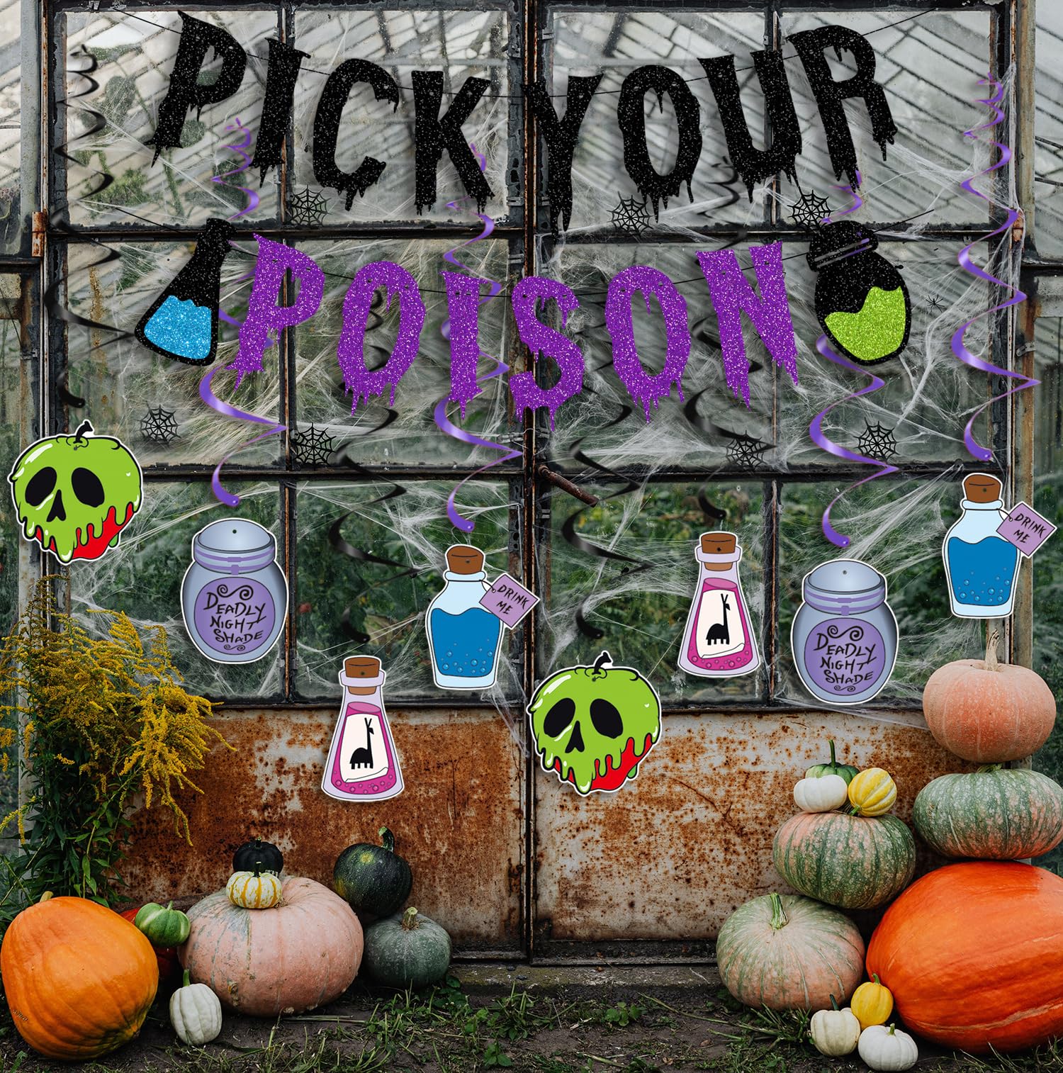 JKQ Glittery Pick Your Poison Banner and Halloween Hanging Swirls Decorations Halloween Haunted Mansion Banner Halloween Witches Party Decorations Supplies for Home Mantle