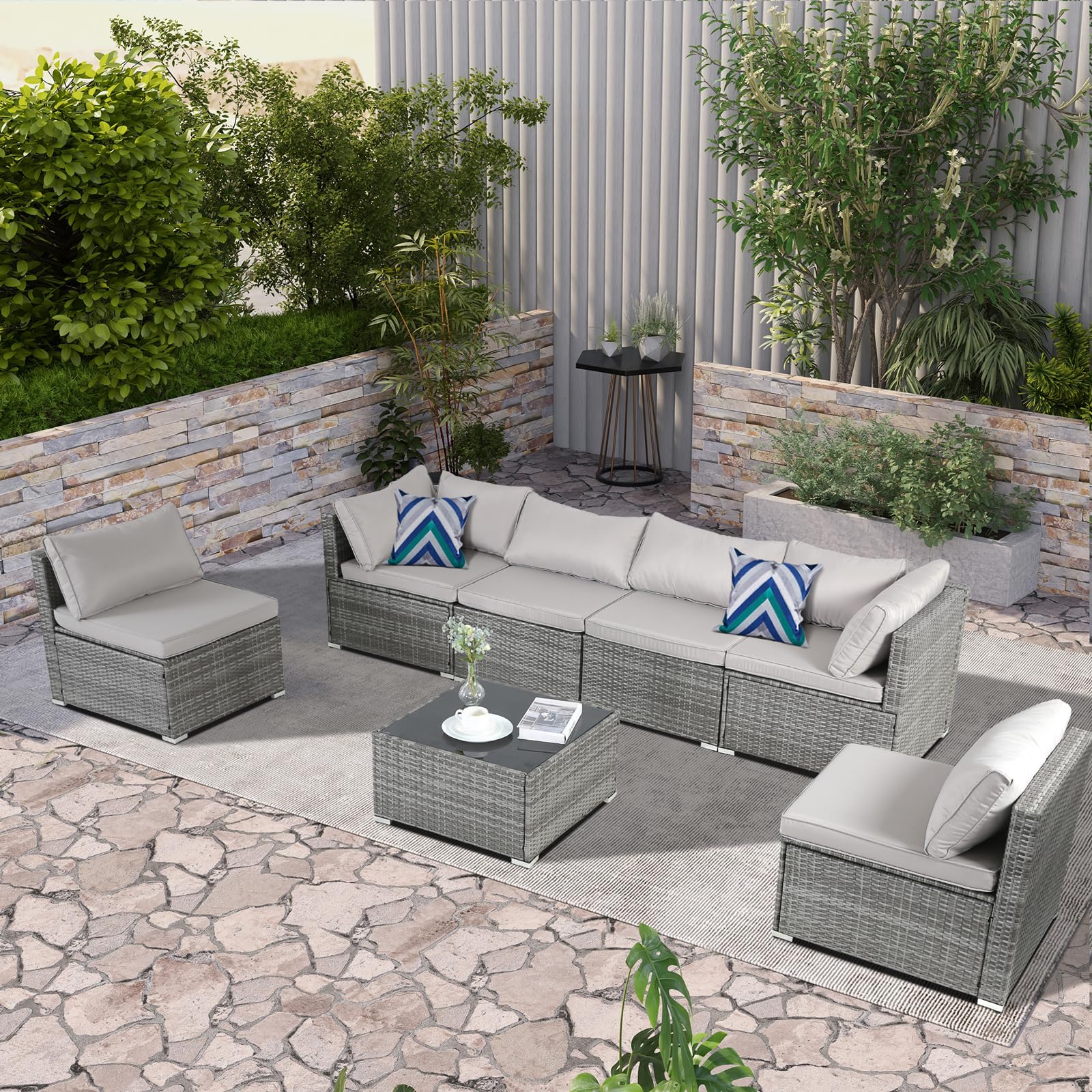 PORWEY Patio Outdoor Furniture Set 7 Pieces Rattan Wicker Sectional Sofa Couch Conversation Set with Table for Deck Lawn, Gray Wicker/Gray Cushion