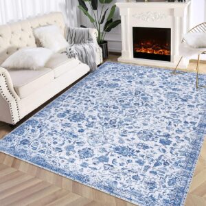 cozyloom washable area rugs 8x10 rug for living room boho vintage rug non slip throw rugs distressed large bedroom rugs low pile stain resistant carpet for dining room nursery 8'x10' blue