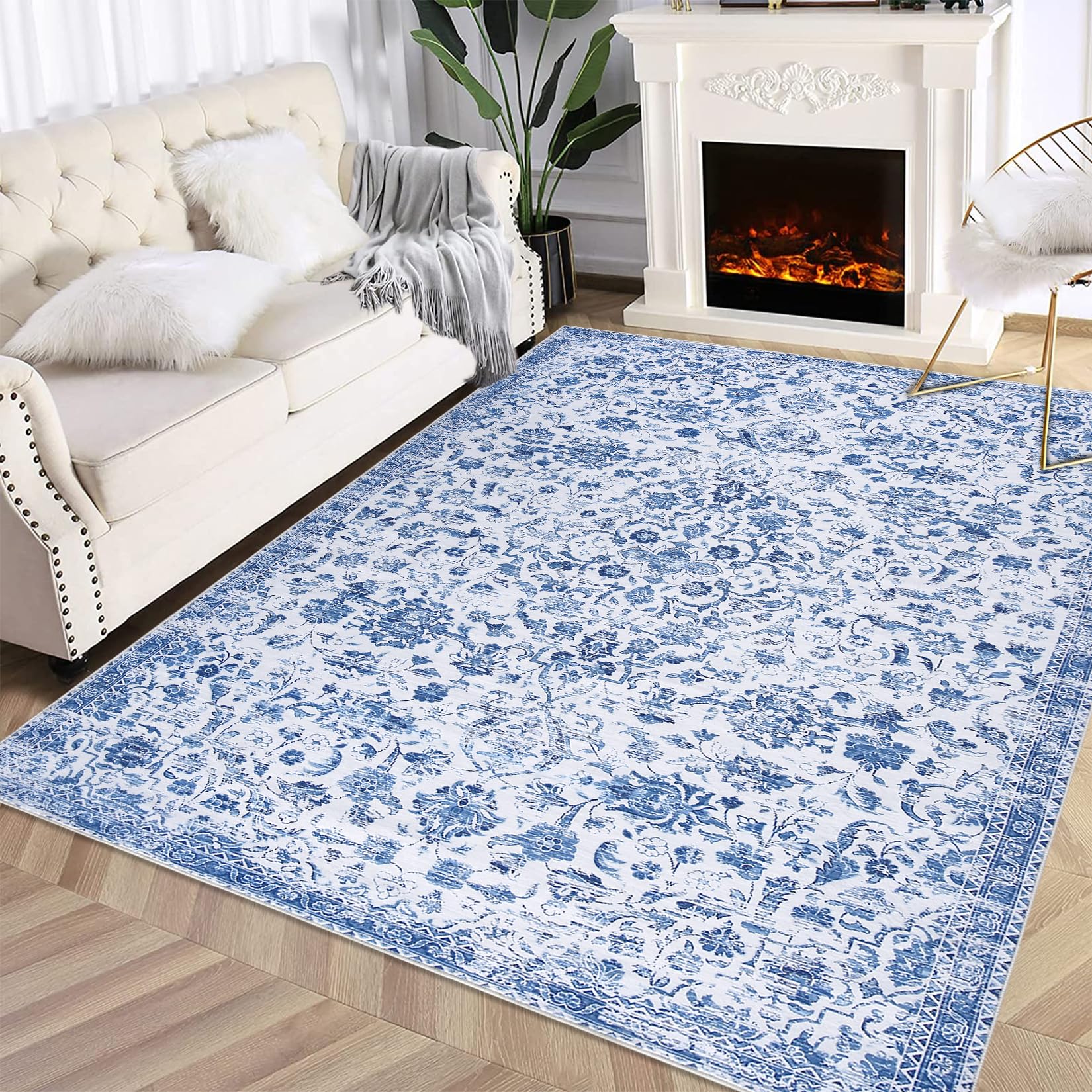 COZYLOOM Washable Area Rugs 8x10 Rug for Living Room Boho Vintage Rug Non Slip Throw Rugs Distressed Large Bedroom Rugs Low Pile Stain Resistant Carpet for Dining Room Nursery 8'x10' Blue